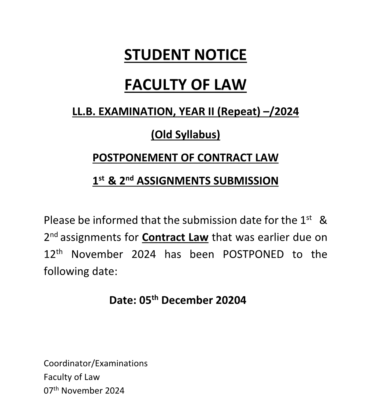 LMS - Law: POSTPONEMENT OF CONTRACT LAW- ASSIGNMENTS SUBMISSION